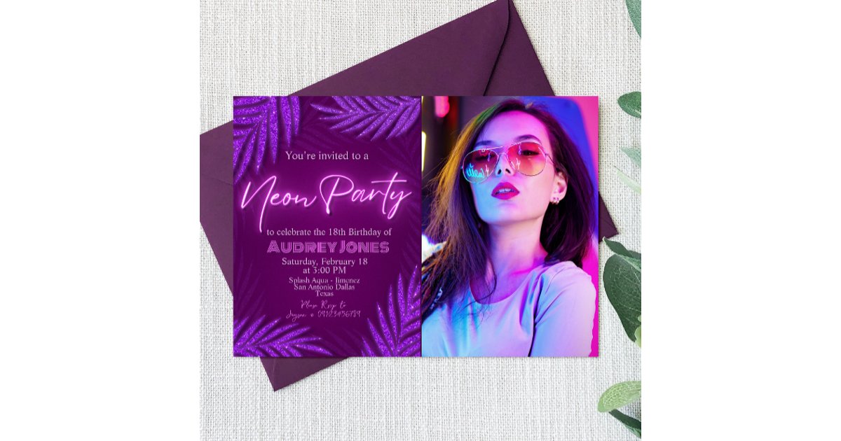 Neon Party Landscape Invitation with Photo | Zazzle