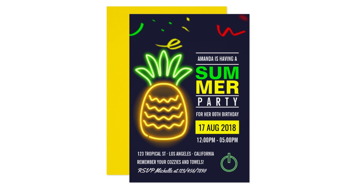 Neon Pineapple Summer Birthday Party Invitation | Zazzle.com