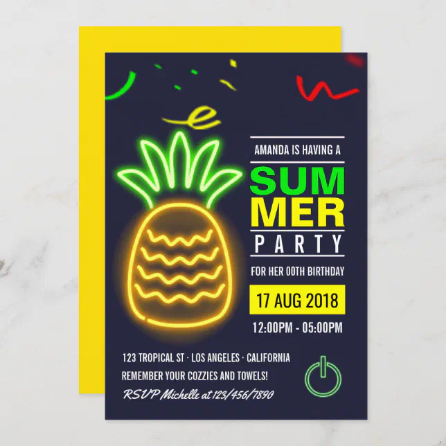 Neon Pineapple Summer Birthday Party Invitation | Zazzle