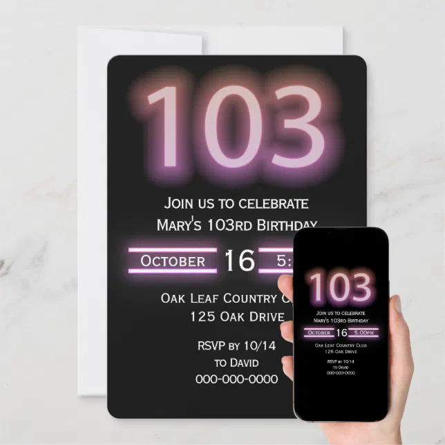 Neon Pink 103rd Birthday Party Invitation | Zazzle