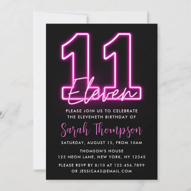 Neon Pink 11th Birthday Invitation | Zazzle