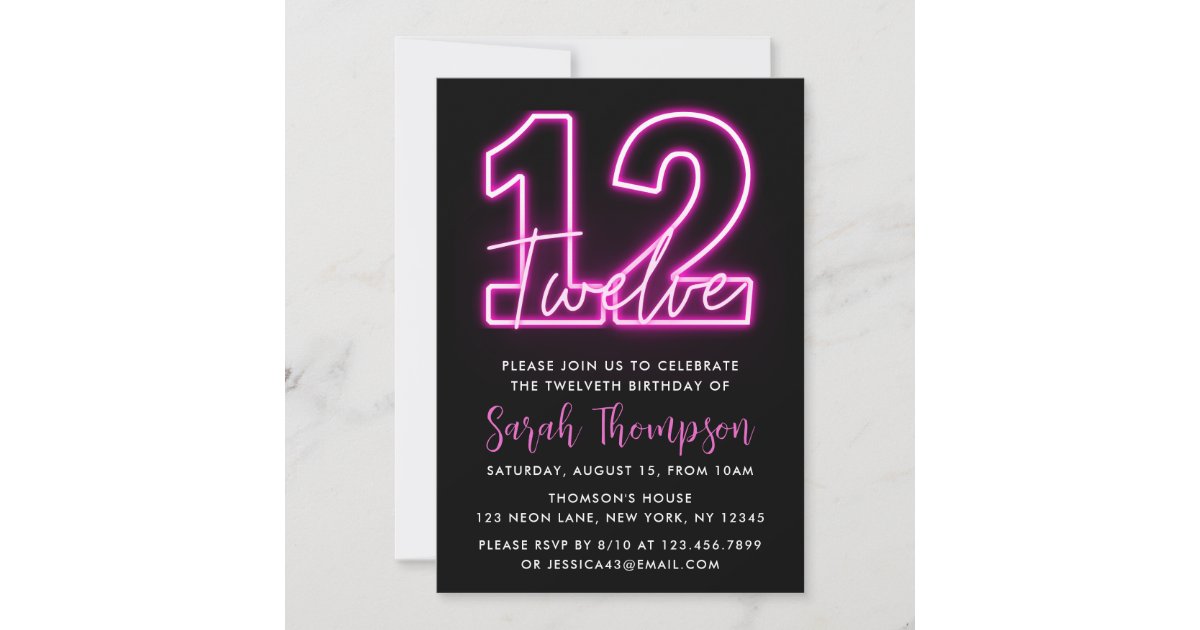 Neon Pink 12th Birthday Invitation | Zazzle