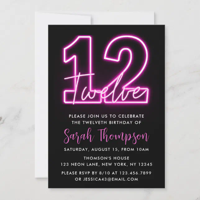 Neon Pink 12th Birthday Invitation | Zazzle