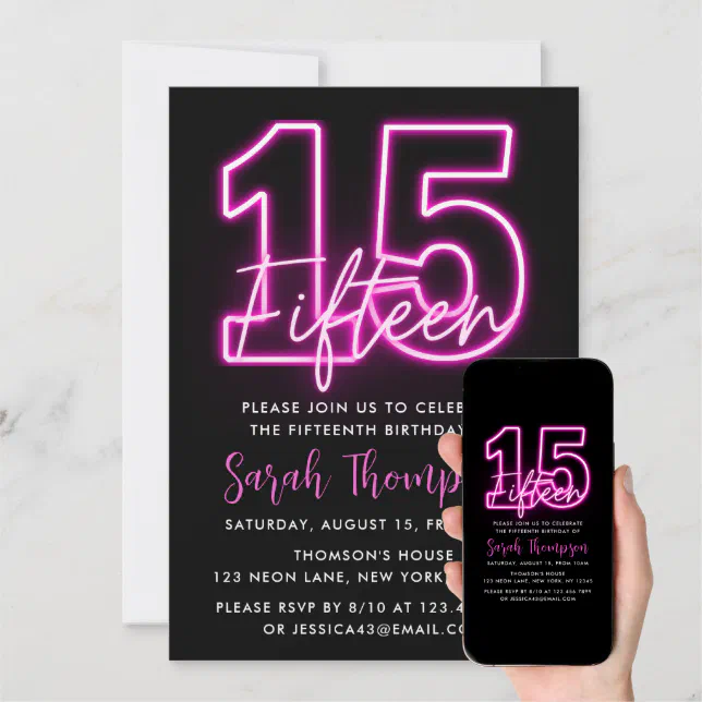 Neon Pink 15th Birthday Invitation | Zazzle