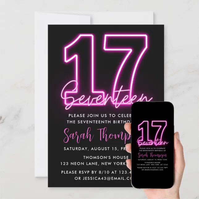 Neon Pink 17th Birthday Invitation | Zazzle