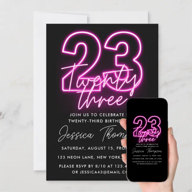 Neon Pink 23rd Birthday Invitation | Zazzle