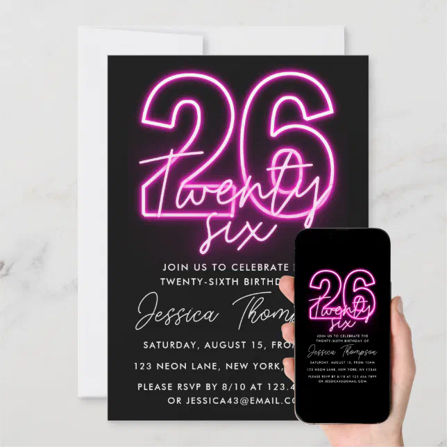 Neon Pink 26th Birthday Invitation | Zazzle