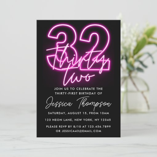 Neon Pink 32nd Birthday Invitation | Zazzle