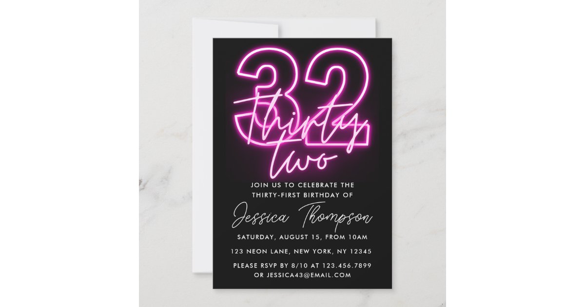 Neon Pink 32nd Birthday Invitation | Zazzle
