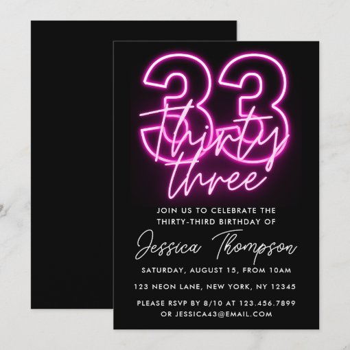 Neon Pink 33rd Birthday Invitation | Zazzle
