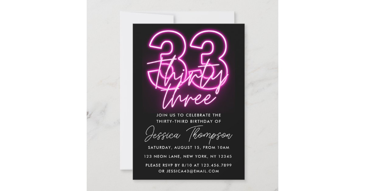 Neon Pink 33rd Birthday Invitation | Zazzle