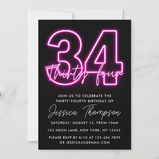 Neon Pink 34th Birthday Invitation | Zazzle