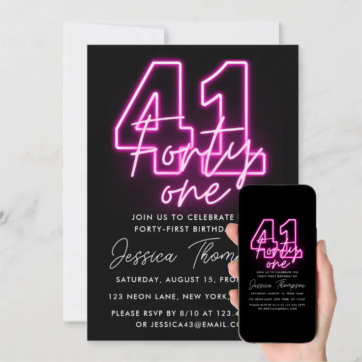 Neon Pink 41st Birthday Invitation | Zazzle