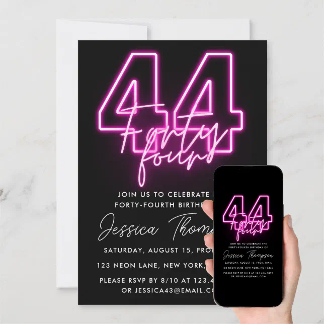 Neon Pink 44th Birthday Invitation | Zazzle