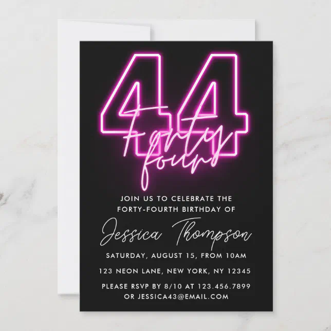 Neon Pink 44th Birthday Invitation | Zazzle