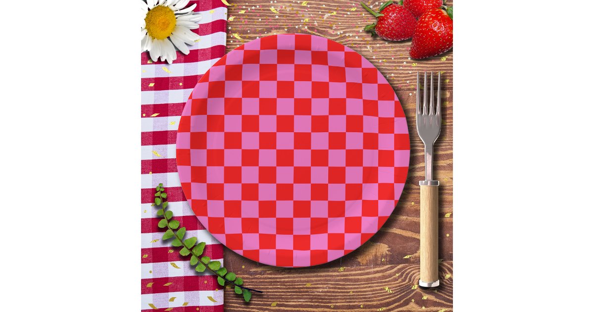 Neon Pink and Red Checkered Checkerboard Vintage Paper Plates | Zazzle