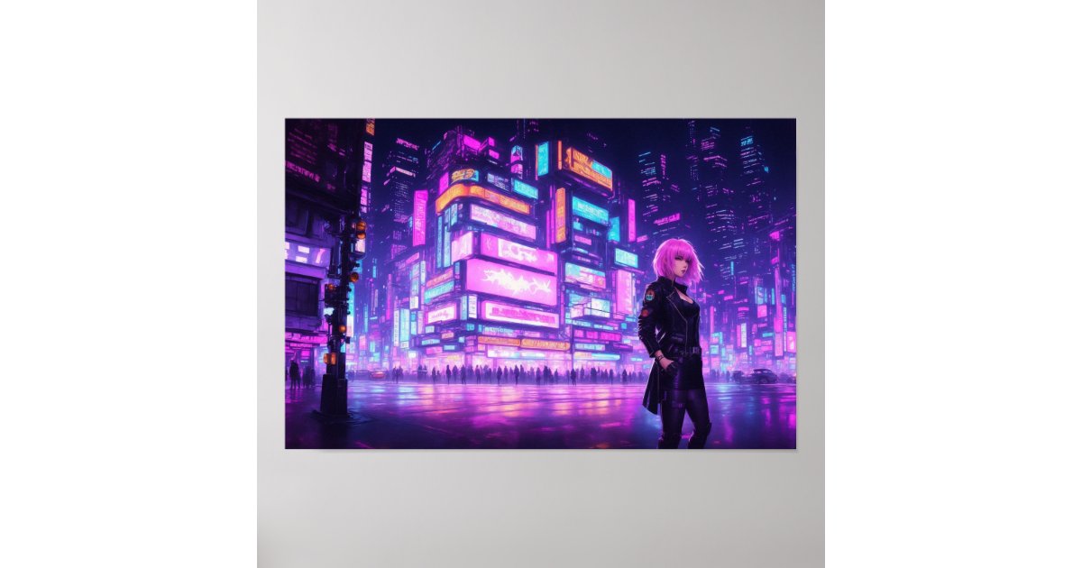 Neon Pink Cyberpunk City Poster | Zazzle