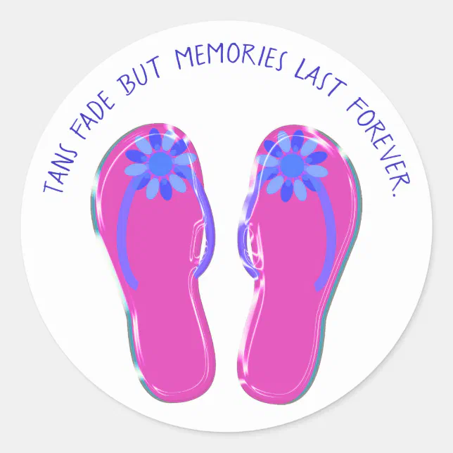 neon pink flip-flops with flower and quote classic round sticker | Zazzle