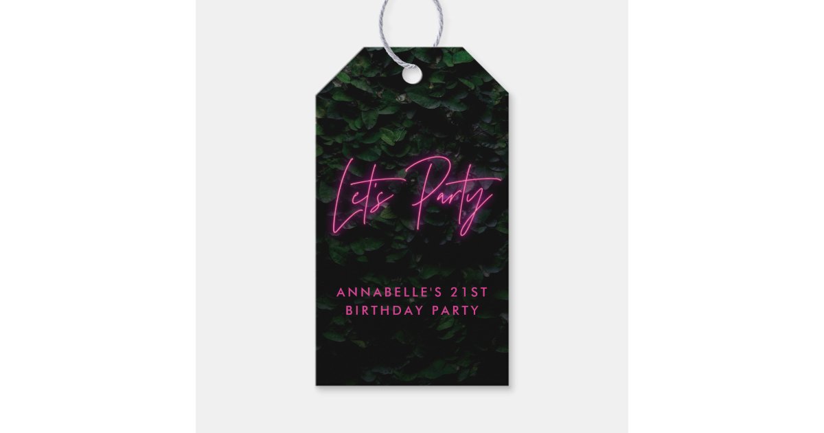 Neon pink funky modern lets party favor bag gift tags | Zazzle