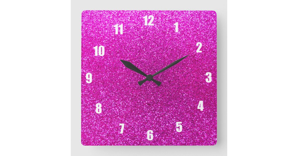 Neon pink glitter square wall clock | Zazzle