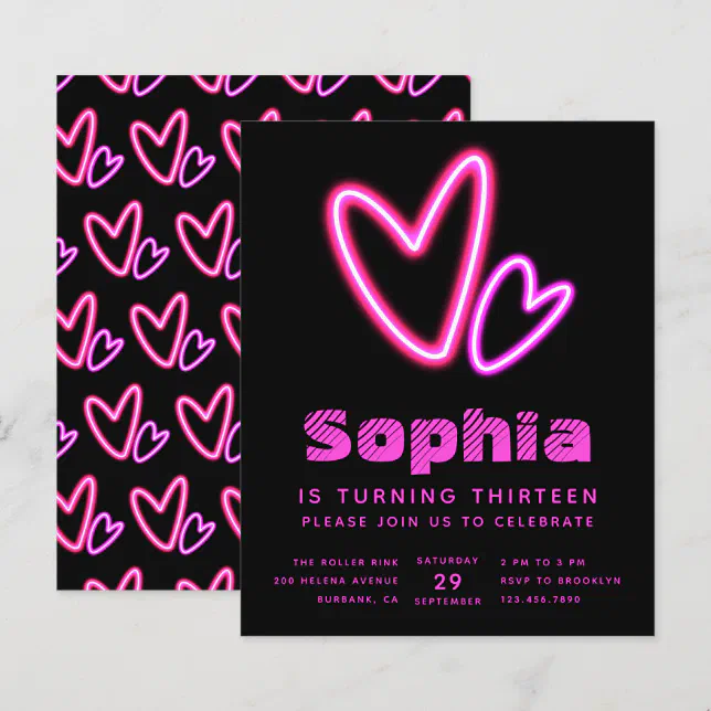 Neon Pink Hearts Budget Birthday Party Invitation | Zazzle