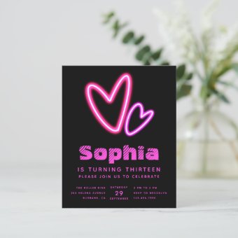 Neon Pink Hearts Budget Birthday Party Invitation | Zazzle