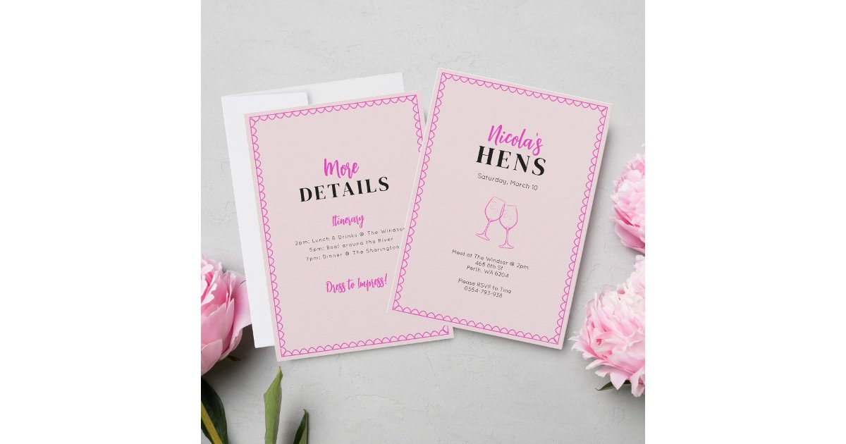 Neon Pink Hens Party Invitation with Wine Glass | Zazzle