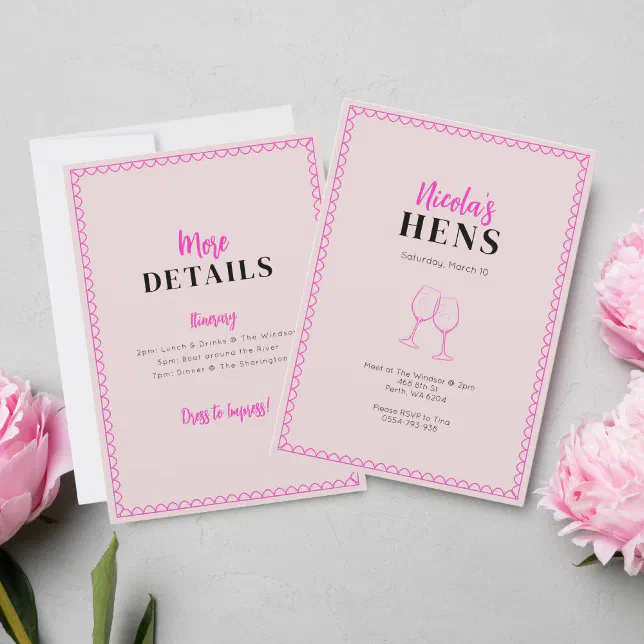 Neon Pink Hens Party Invitation with Wine Glass | Zazzle