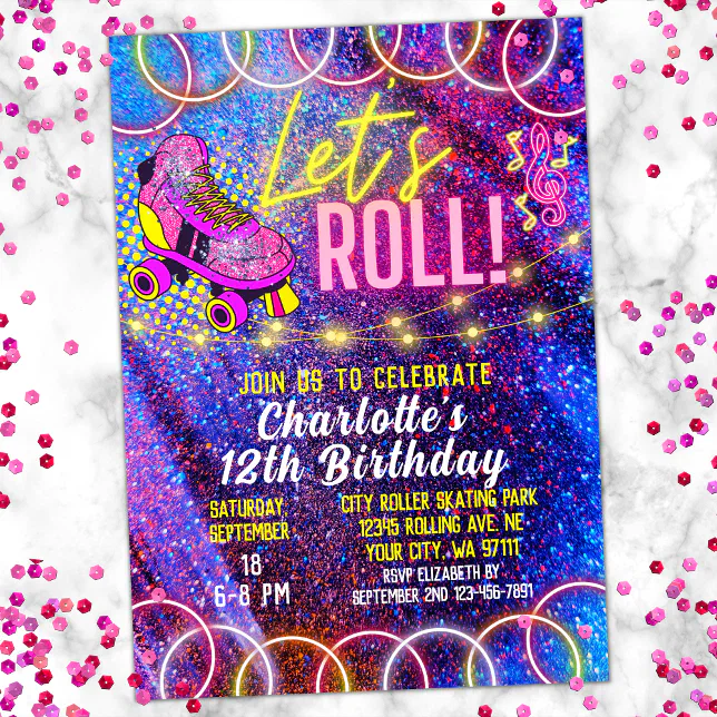 Neon Pink Let's Roll Girl's Roller Skating Party Invitation | Zazzle