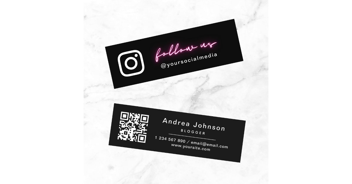 Neon Pink Minimal Follow Us Social Media & QR Code Mini Business Card ...