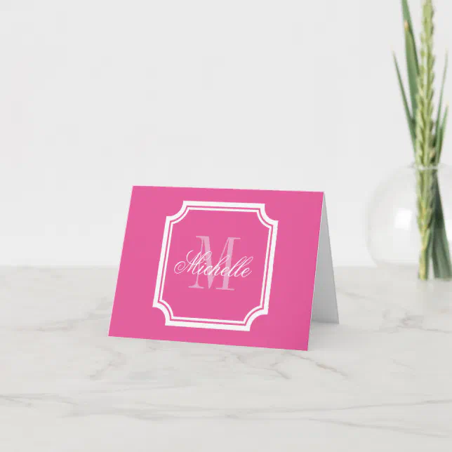Neon pink monogram note cards with elegant border | Zazzle