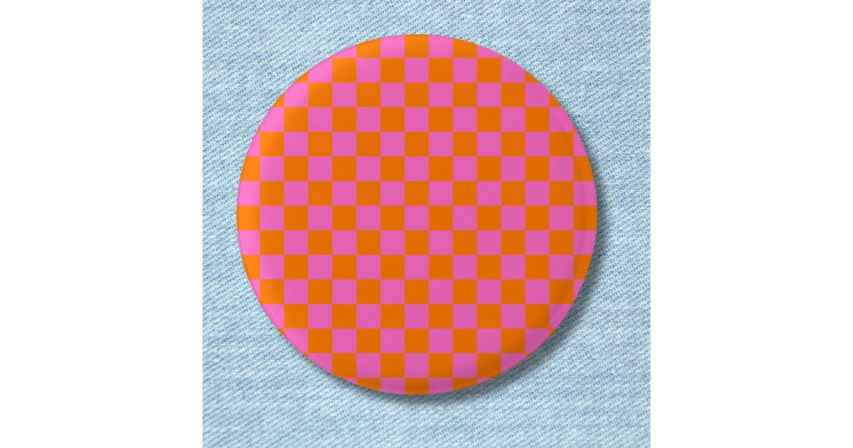 Neon Pink Orange Checkered Checkerboard Vintage Button | Zazzle