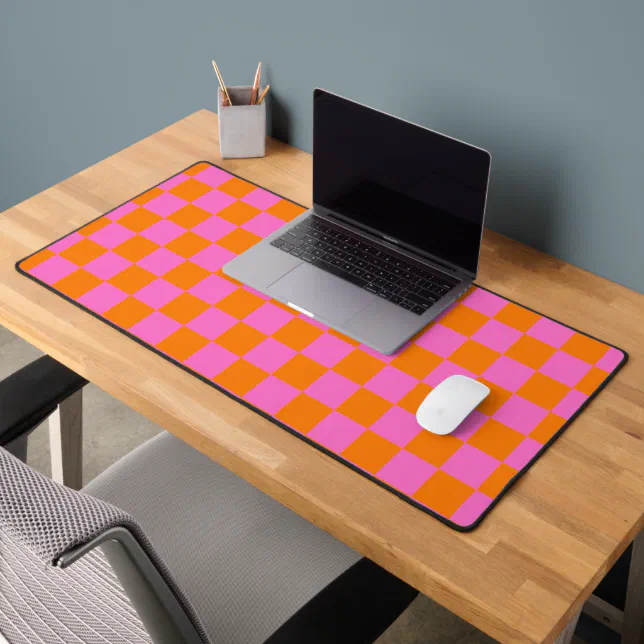 Neon Pink Orange Checkered Checkerboard Vintage Desk Mat | Zazzle