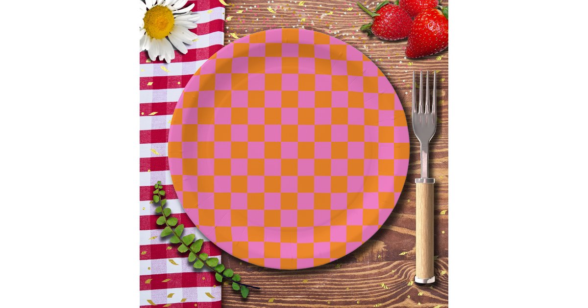 Neon Pink Orange Checkered Checkerboard Vintage Paper Plates | Zazzle
