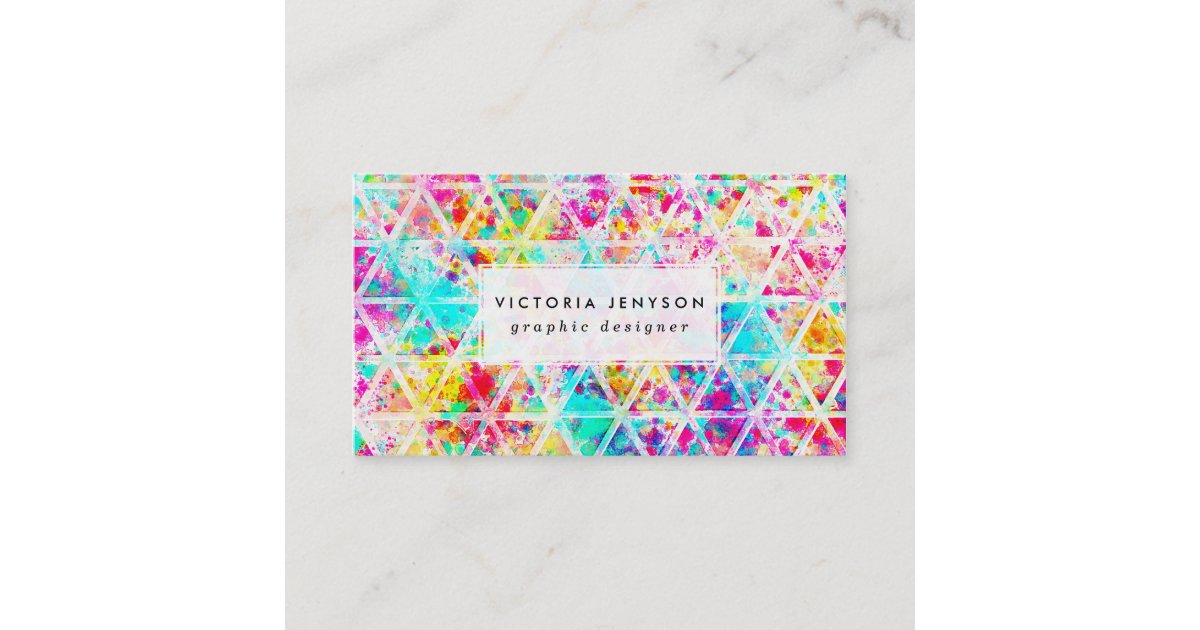 Neon Pink Rainbow Watercolor Triangles Pattern Business Card | Zazzle