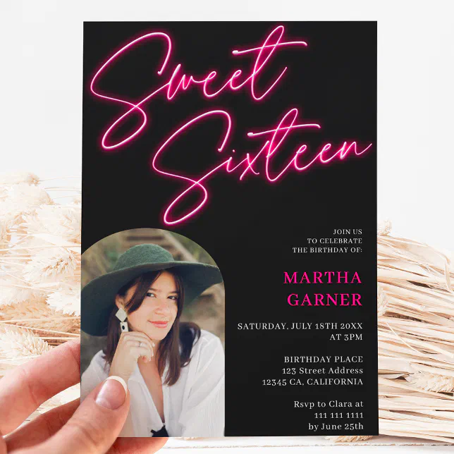 Neon pink sign script fun photo arch Sweet 16 Invitation | Zazzle