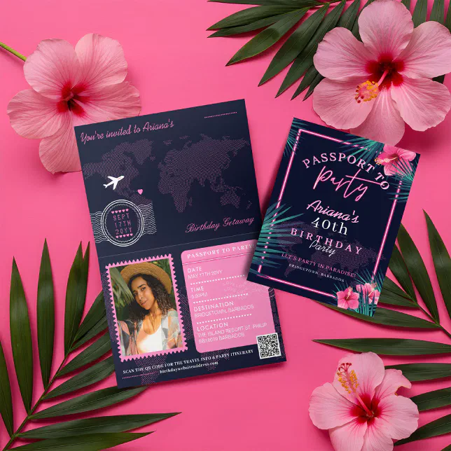 Neon Pink Tropical Passport Destination Birthday Invitation | Zazzle