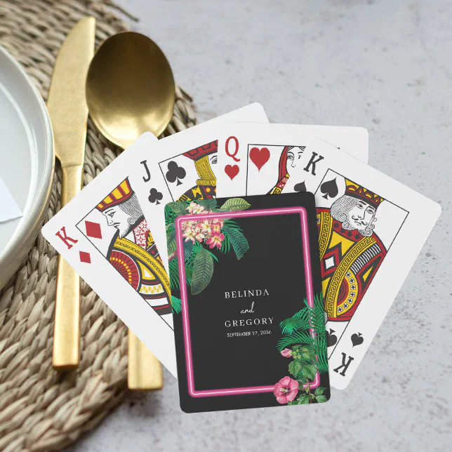 Neon Pink Tropical Retro Botanicals Wedding Poker Cards | Zazzle