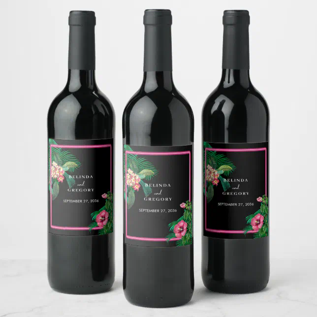 Neon Pink Tropical Retro Botanicals Wedding Wine Label | Zazzle