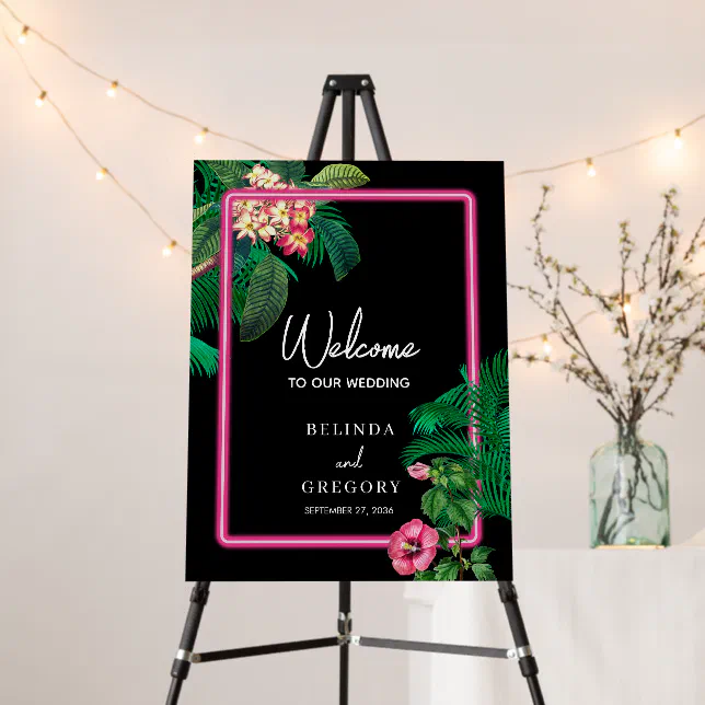 Neon Pink Tropical Retro Wedding Welcome Sign | Zazzle