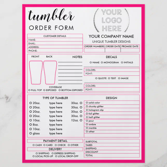 Neon Pink Tumbler Mug Cup Order Form Flyer | Zazzle
