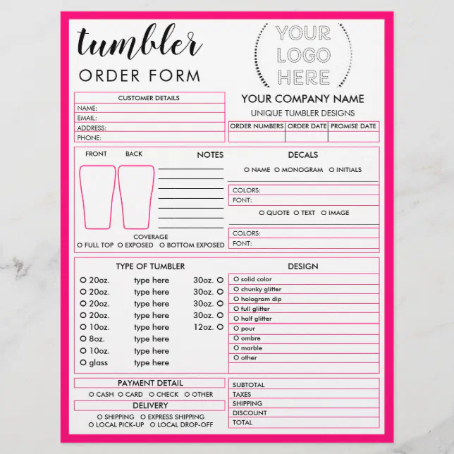 Neon Pink Tumbler Mug Cup Order Form Flyer | Zazzle
