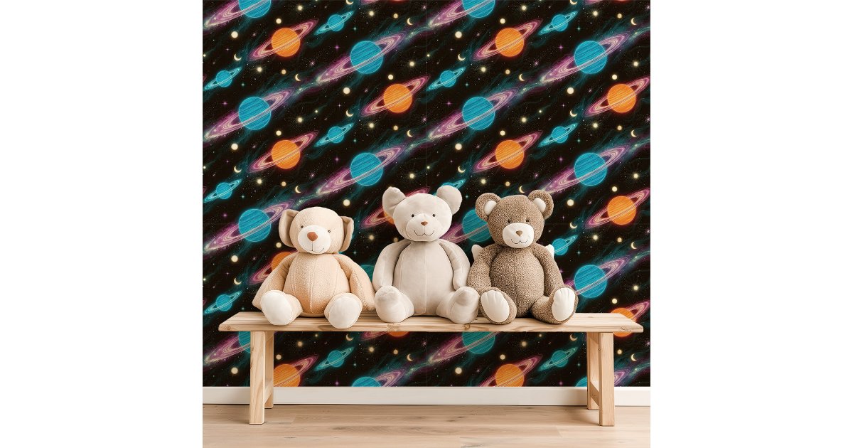 Neon Planets and Moons Outer Space Wallpaper | Zazzle