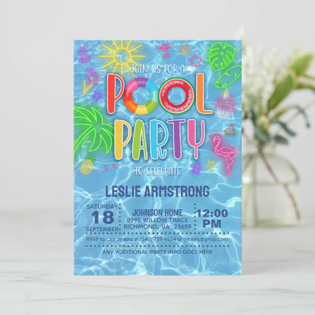 Neon Pool Party Birthday Invitation | Zazzle