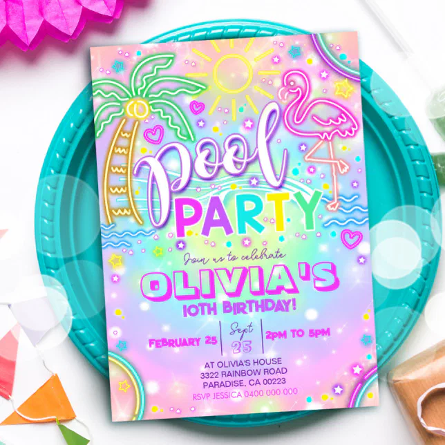 Neon Pool Party Invitation Flamingo Pool | Zazzle