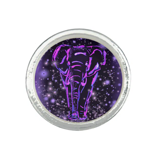 Neon Purple Pink Elephant Walking At Starry Night Ring | Zazzle