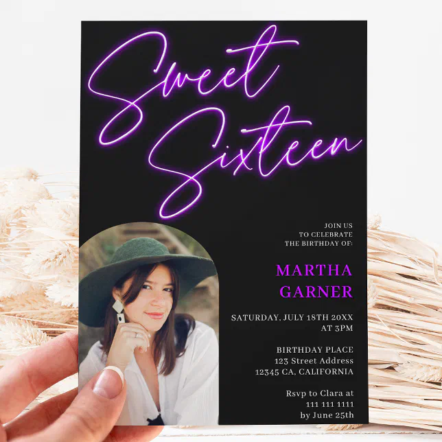 Neon purple sign script fun photo arch Sweet 16 Invitation | Zazzle