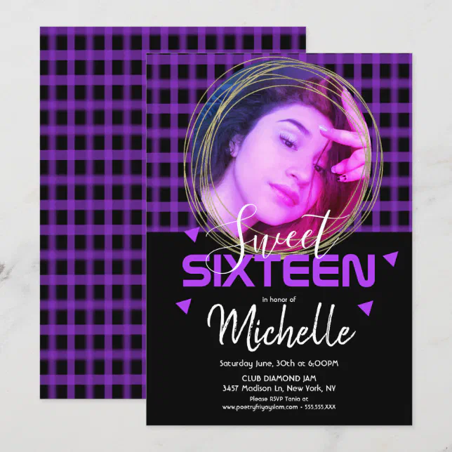 Neon Purple Sweet Sixteen Gold Ring Photo Grid Invitation | Zazzle