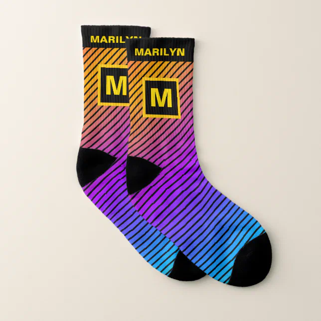 Neon Rainbow Gradient Stripes Name and Monogram Socks | Zazzle