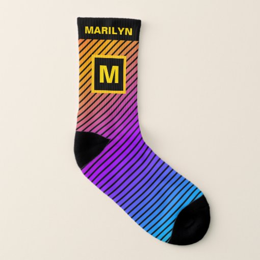 Neon Rainbow Gradient Stripes Name and Monogram Socks | Zazzle
